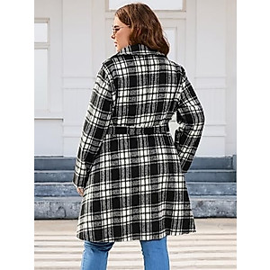 Hanna Nikole Women's Long Double Breasted Trench Coat with Belt Plus Midi Length Black Plaid Overcoat 3X
