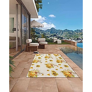 Outdoor Patio Rugs Fall Pumpkin with Sunflowers Outdoor Area Rug Fallen Leaves Non-Slip Backyard/Camping RV Rug/Deck/Porch Rug Front Door Floor Mat Carpet,4x6ft,