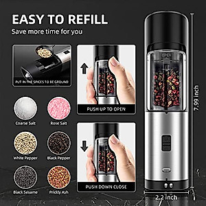 Rocyis USB Rechargeable Electric Salt and Pepper Grinder-Gravity Automatic Spice Mill w/LED Light, Adjustable Coarseness, One Hand Operated Smart Kitchen Gadgets, Silver