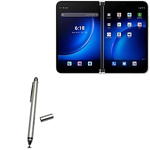 BoxWave Stylus Pen Compatible with Microsoft Surface Duo 2 5G - DualTip Capacitive Stylus, Fiber Tip Disc Tip Capacitive Stylus Pen for Microsoft Surface Duo 2 5G - Metallic Silver