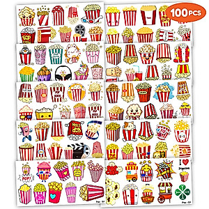 100 PCS Popcorn Corn Movie Night Themed Temporary Tattoos Birthday Party Decorations Favors Supplies Cute Circus Fake Tattoo Stickers Party Gifts for Children Girls Boys Home Activity School Rewards