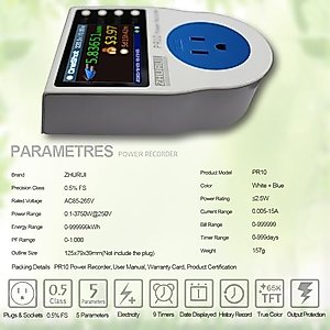 ZHURUI PR10-E US15A Power Meter Plug/Home Power metering Socket/watt Meter/2.4 inch TFT Color LCD/0.5FS(New)