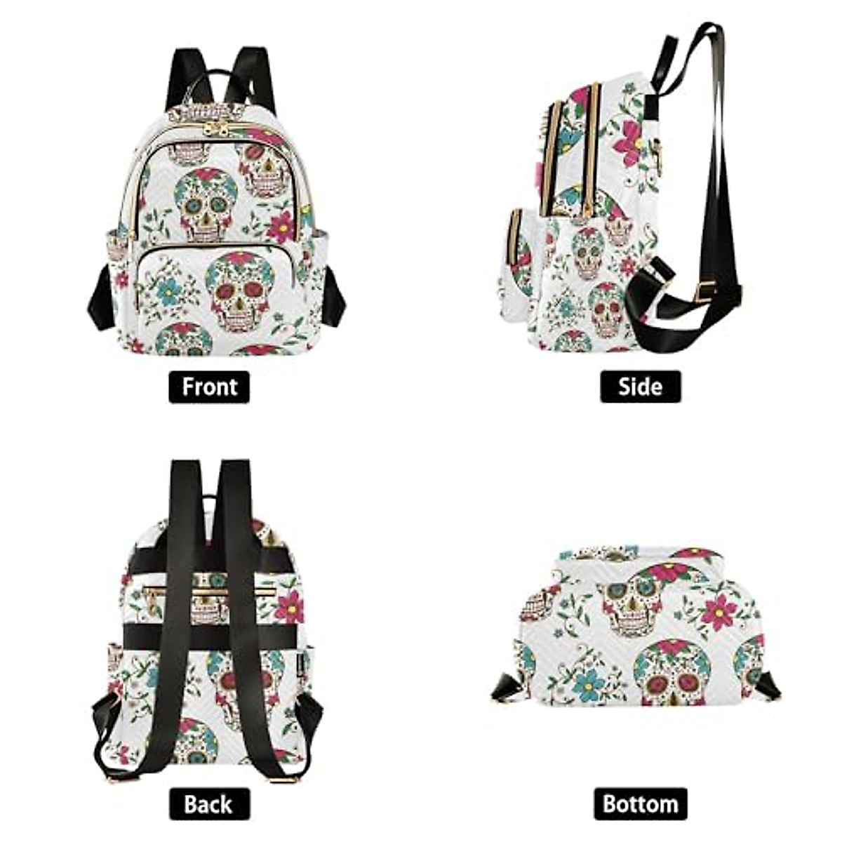 Yasala Halloween Women Backpack Sugar Skull Floral Blue Pink Travel Bag Compact Daily Bag Diaper Bag