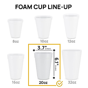20 Oz Disposable Foam Cups (50 Pack), White Foam Cup Insulates Hot & Cold Beverages, Made in the USA, To-Go Cups - for Coffee, Tea, Hot Cocoa, Soup, Broth, Smoothie, Soda, Juice