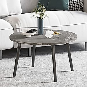 WiberWi Round Coffee Table 23.6” Small Coffee Tables for Living Room Faux Grey Marble Top Modern Circle Table Sturdy Black Solid Wood Legs Cocktail Table End Table