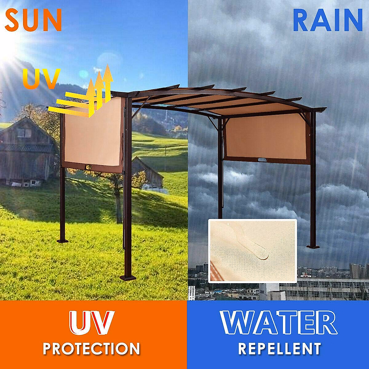 CJ Online Shop 12' x 9' Pergola Kit Metal Frame Gazebo & Canopy Cover Patio Furniture Shelter Indoor Outdoor Home Garden Modern Sun-Proof Fireproof Polyester Water Resistant