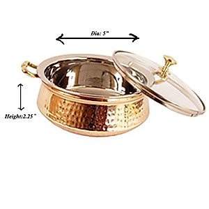 Prisha India Craft Hammered Copper Serving Bowl for Food Soup with Handle and Glass Lid, Bowl Diameter 5.00" X Height - 2.25"
