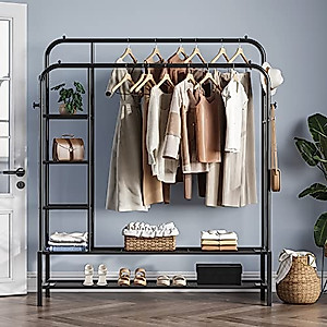 JOISCOPE Double Rods Portable Garment Rack for Hanging clothes, 49 * 66 Inch Metal Clothing Rack with Bottom Shelves and 4 Hooks,Freestanding Clothes Rack for Bedroom,Space Saving, Black
