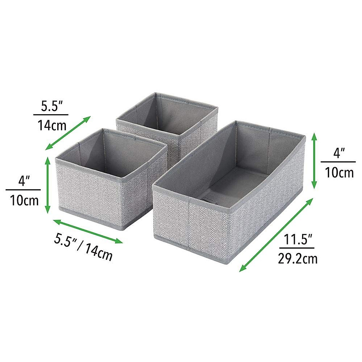 mDesign Fabric Drawer Divider Organizer Bin, Nursery/Bedroom Dresser, Closet, Shelf, Playroom Organization, Hold Clothes, Toys, Diapers, Bibs, Lido Collection, Set of 3, 4 Pack, Gray Herringbone