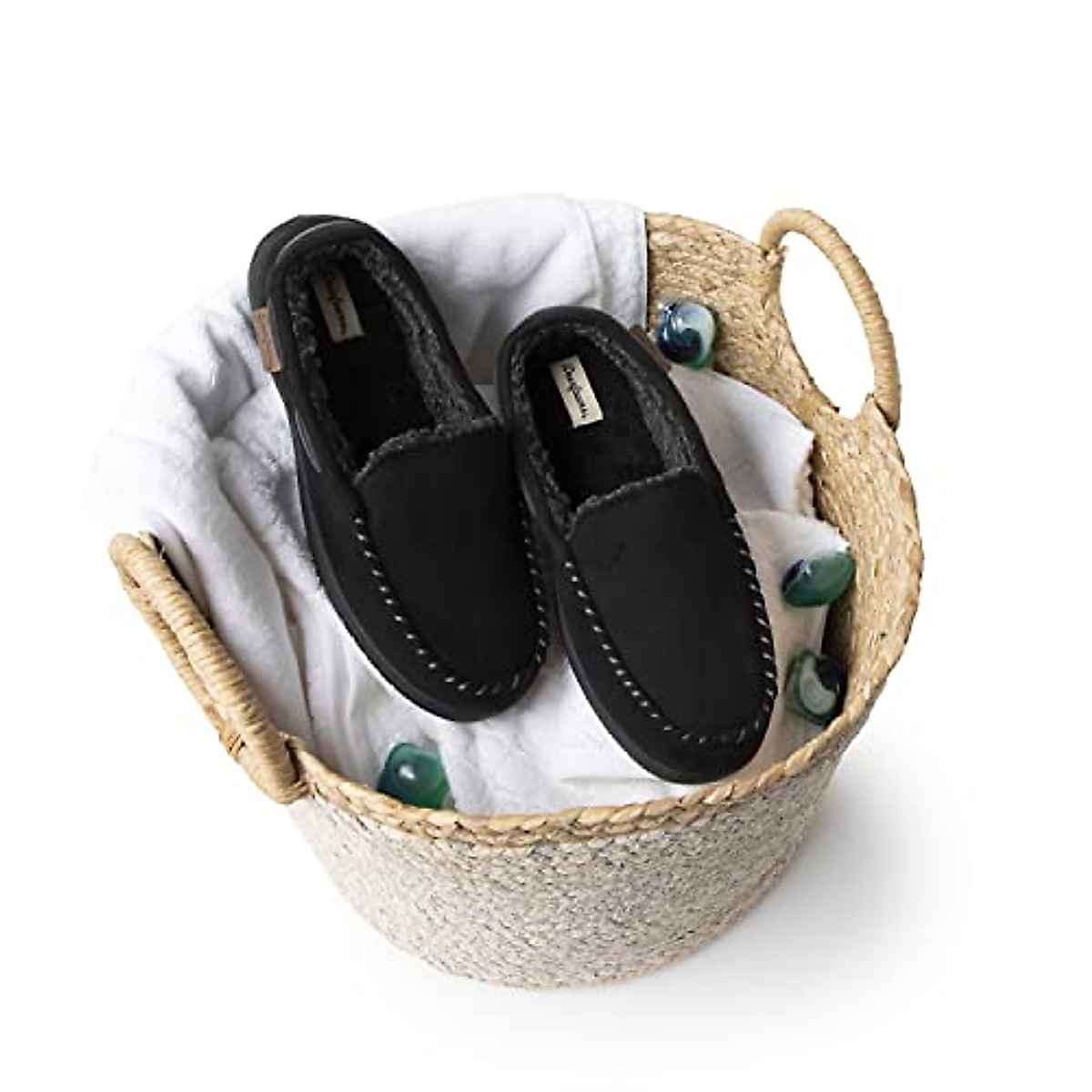 Dearfoams Men's Keaton Memory Foam Moccasin with Wide Widths Slipper, Black Microsuede, Small