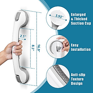 Reyiu Grab Bars for Bathtubs and Showers, 16 Inch Shower Handle Heavy Duty Suction Cup Grab Bars for Shower Chair, Bathroom Safety Bar for Elderly (2 Pack)