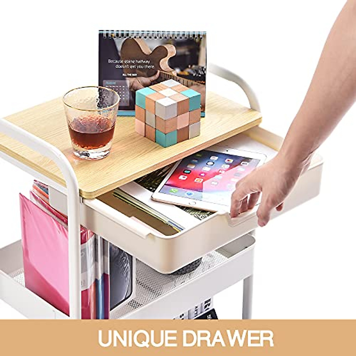 TOOLF 3-Tier Utility Rolling Cart with Wooden Board and Drawer, Metal Storage Cart with Handle, White Trolley Kitchen Organizer Rolling Desk with Locking Wheels for Office, Classroom, Home, Bedroom