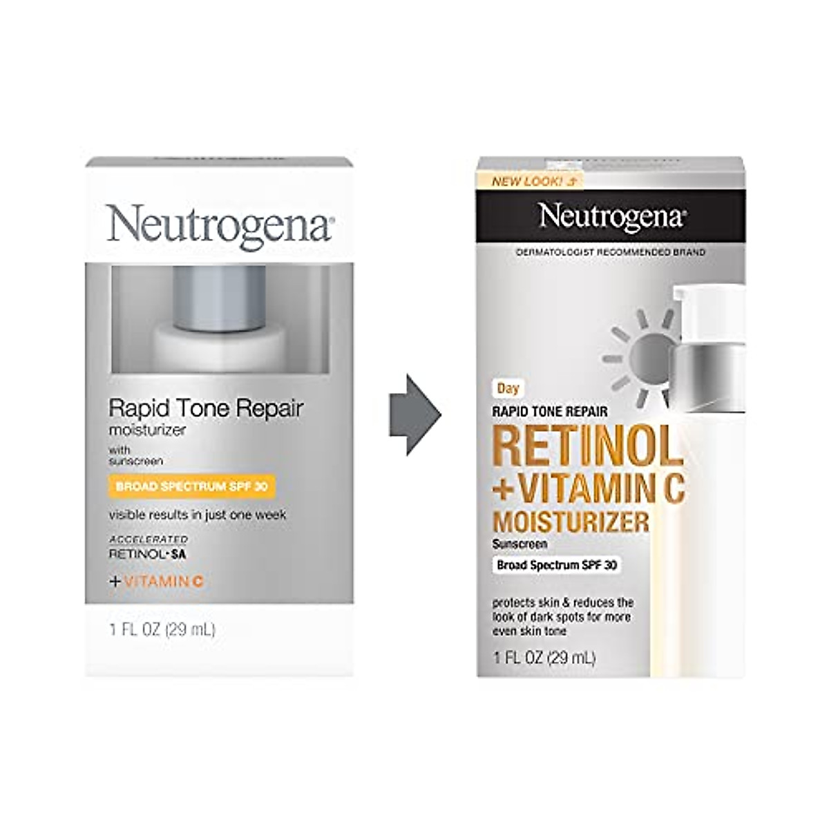 Neutrogena Rapid Tone Repair Retinol + Vitamin C Facial Moisturizer with Retinol, Vitamin C, Hyaluronic Acid & SPF 30 Sunscreen, Tone-Evening & Brightening Face Cream, 1 fl. oz