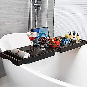 ZHTYRE Bathtub Tray Bathtub Shelf Extendable Bathtub Shelf with Bamboo Bookshelf and soap Tray 1 or 2 Person Bath and Bed Tray (Black) (Black)