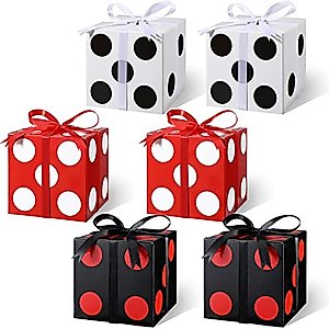 24 Pack Casino Party Dice Favor Box 4 x 4 x 4 Inch Casino Party Decoration Casino Themed Party Goodie Boxes Gable Boxes Gift Boxes with Ribbon for Birthday Party Casino Night Supplies, Black Red White
