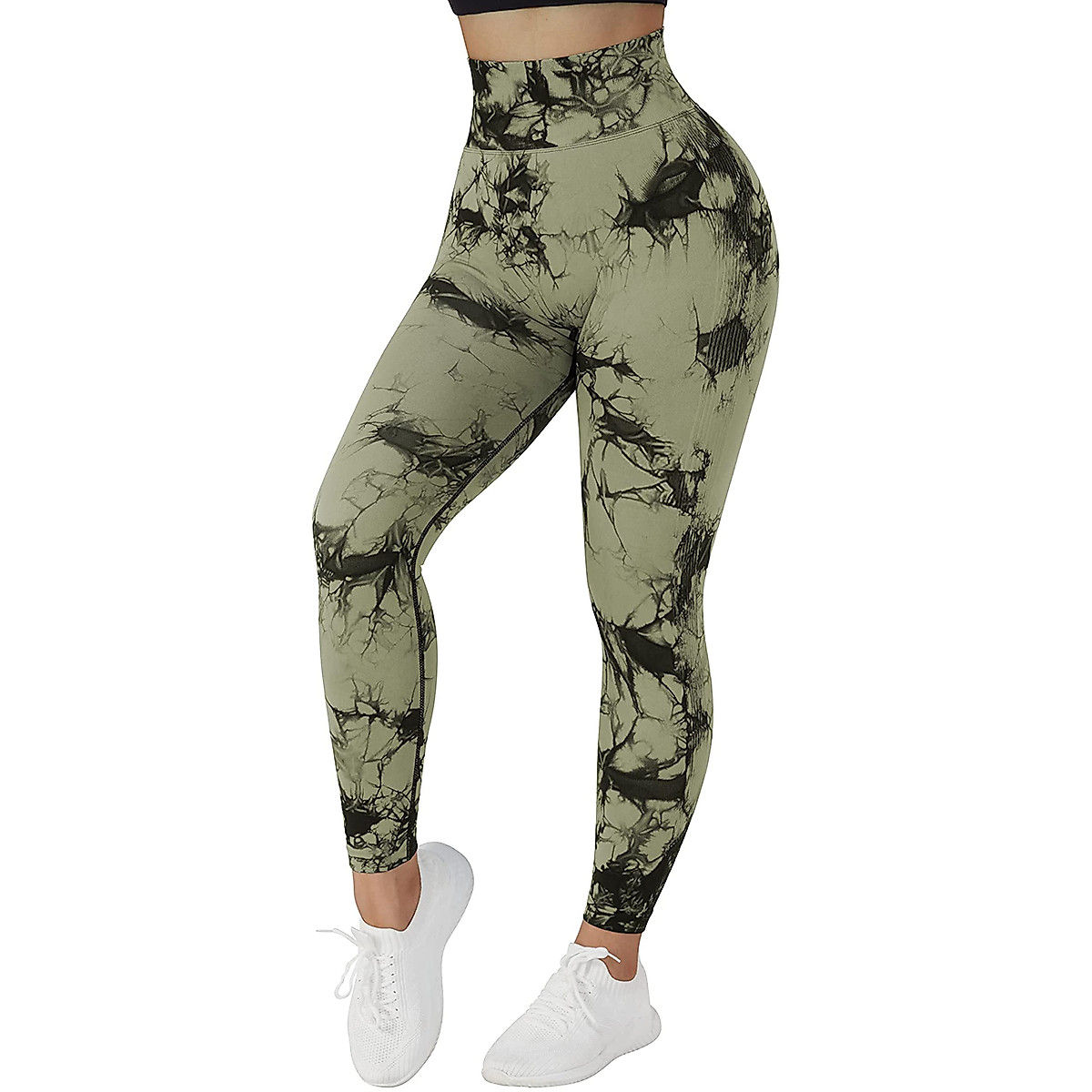 RXRXCOCO Women Scrunch Butt Lifting Leggings Seamless High Waisted Leggings Tummy Control Yoga Pants Compression Workout Tights Medium Tie Dye Green