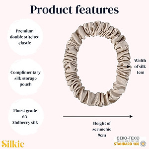 SILKIE x4 Set 100% Pure Mulberry Silk Black Brown Chocolate Pink Nude Neutral Skinny Scrunchies Travel Pouch Everyday Hair Ties Elastics Hair Care Ponytail Holder No Damage (Champagne)