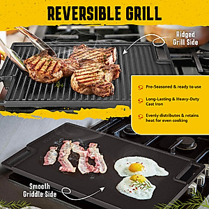 Cast Iron Reversible Grill/Griddle Set with Press, Scraper & Mitts - Pre-Seasoned, Non-Stick - 16.75" x 9.5" - Gas Stove, Grill, Camping, Indoor and Outdoor Cooking