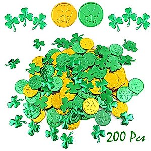 FEPITO 200PCS St.Patrick's Day Shamrock Coins Table Confetti Decorations, St.Patrick Shamrocks Green & Gold Lucky Clover Shamrock Plastic Coins for St.Patricks Day Decoration Party Favors