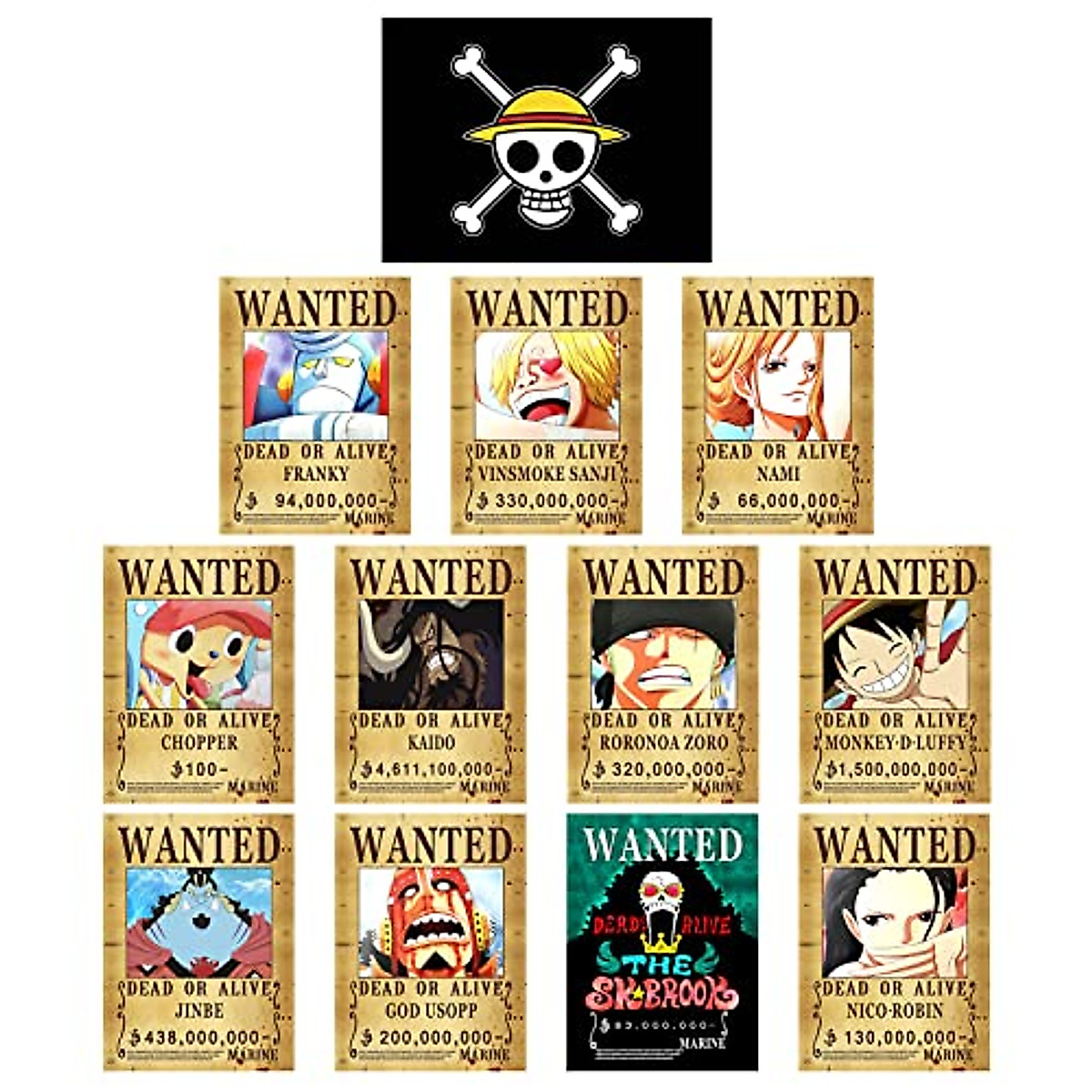 12 Pcs 16.6 In x 12 In Anime OP Wanted Bounty Posters , New Edition, Straw Hat Pirates Crew Zoro, Sanji, Luffy, 1 Pcs OP Flag