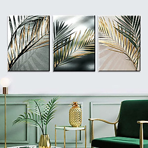 Sdmikeflax Botanical Wall art for Living Room Tropical Plant Wall Art Canvas Prints Set Bathroom Decor Wall Art, Contemporary Green Gold Wall Art for Bedroom, Modern Wall Pictures Office Wall Art