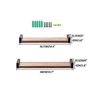 Pemtow Floating Wall Shelves Set of 2, Sized 14.4” and 15.7”, Rustic Wood Storage Hanging Shelf for Bedroom Living Room Bathroom Kitchen