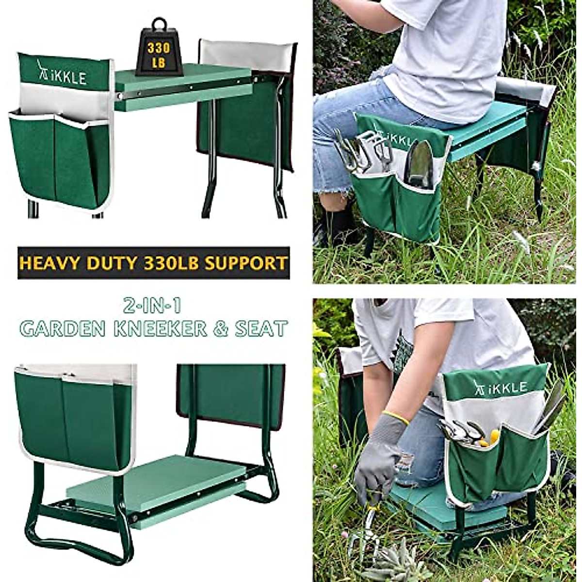 Garden Kneeler and Seat Heavy Duty, Gardening Stool Bench with Kneeling Pad, Folding Garden Stool Multifunctional Kneeler with 2 Tool Bags, Seed Organizer, Great Gardening Gift