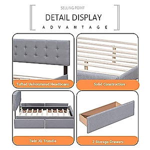 AMFSQJ Queen Size Upholstered Bed with 2 Drawer and 1 Twin Size Trundle Bed, Bedroom Platform Bed with Linen Fabric, Wooden Slat Frame, Wood Platform Bed for Teen, Adult (Light Gray)