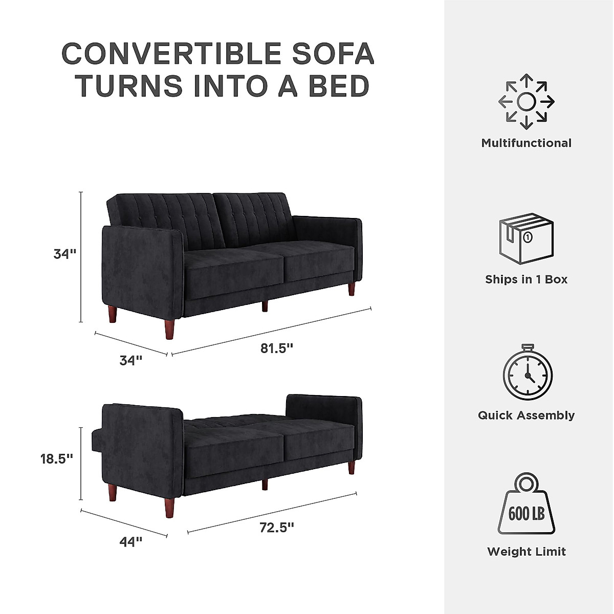 DHP Ivana 82 Inch Futon Sofa Bed in Velvet Fabric, Upholstered Couch Sleeper with Tufted Back, Mid-Century Modern, Black