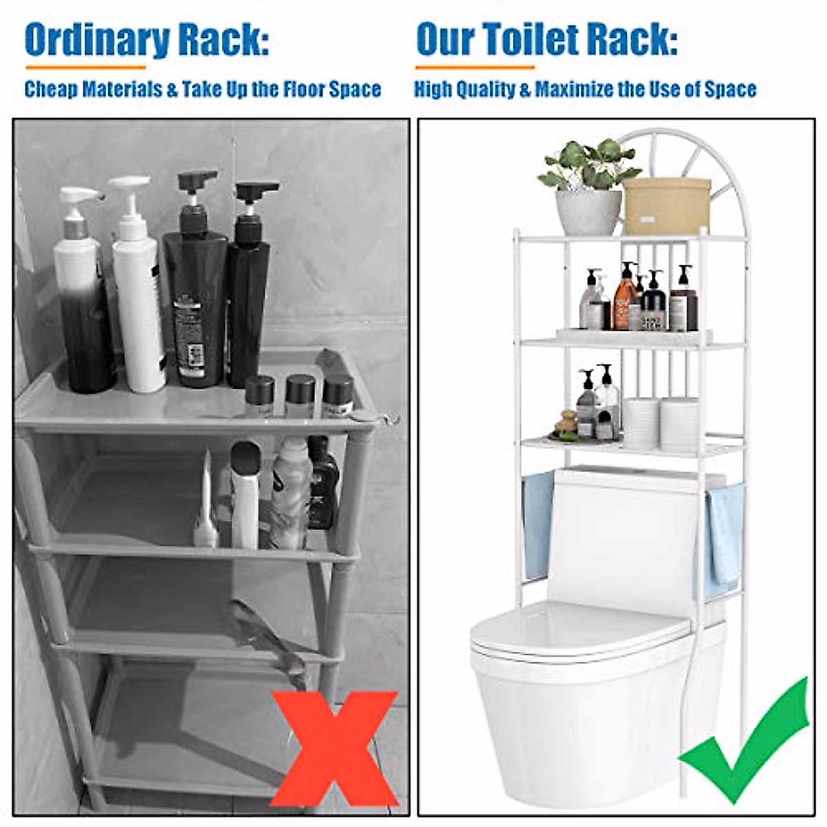 Tangkula Bathroom Space Saver, 3-Tier Over The Toilet Storage Rack, Bathroom Organizer with Metal Frame Shelf for Home Bathroom Laundry, 23.5 x 10.5 x 68 Inches, White