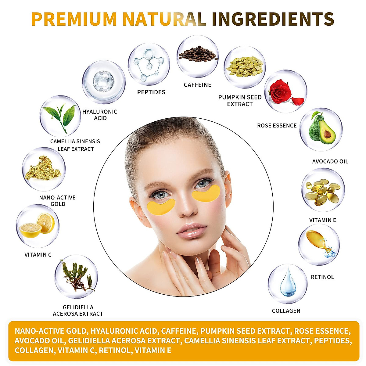 24K Gold Under Eye Patches for Puffy Eyes Treatment 18 Pairs w/Serum Vials, Under Eye Masks for Dark Circles and Puffiness, Eye Gel Pads w/Caffeine, Vitamins for Under Eye Bags Treatment