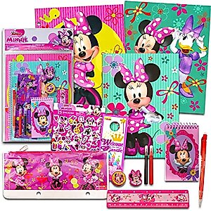 Minnie Mouse Disney School Supplies Value Pack - 11 Pcs (2 Folders, Notebook, Pencils, Erasers, Stickers and More)