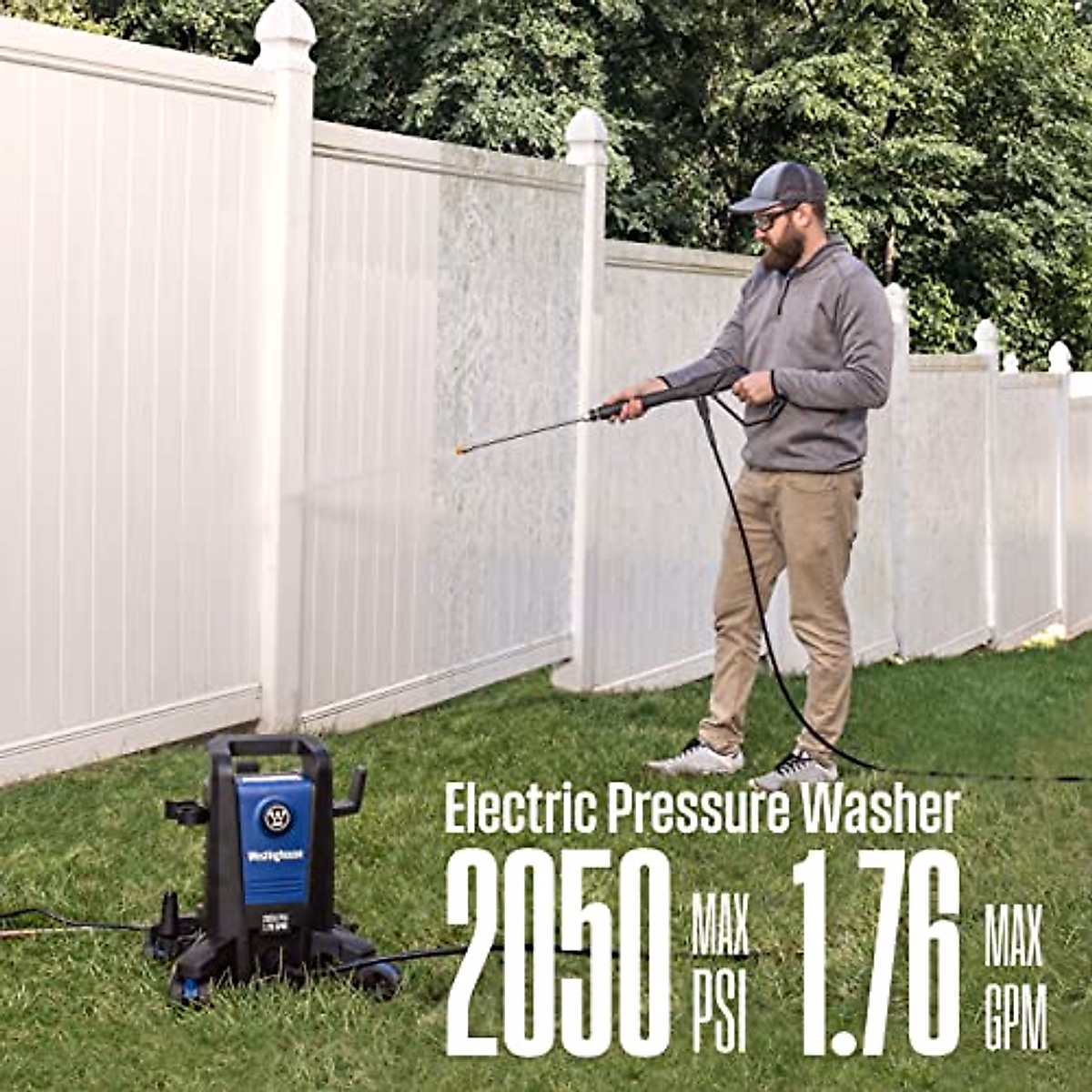 Westinghouse ePX3100 Electric Pressure Washer, 2050 Max PSI 1.76 Max GPM with Anti-Tipping Technology, Onboard Soap Tank, Pro-Style Steel Wand, 5-Nozzle Set, for Cars/Fences/Driveways/Home/Patios