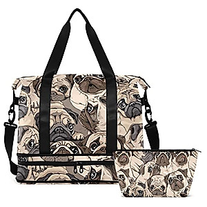 ALAZA Beige Pug Dog Art Gym Bag Sports Duffel Bag with Shoes Compartment, Overnight Weekender Travel Tote Bag for Women Men Trip College