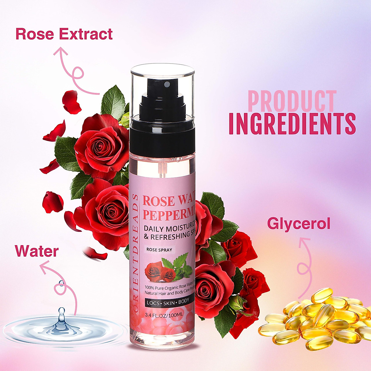 Orientdreads Moisturizing Rose Water and Peppermint Hair Scalp Refresher with Castor Oil for Locs and Dreadlocks - Natural Loc Care and Maintenance (3.4oz)