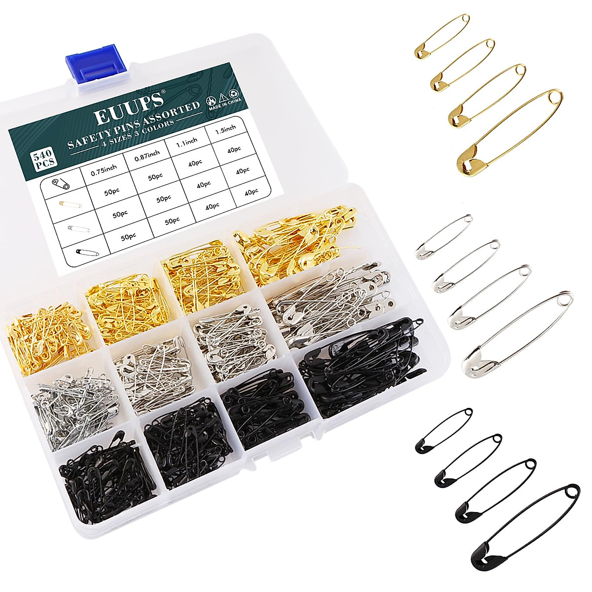 540PCS Safety Pins, EUUPS 4 Sizes Safety Pins Assorted, Durable & Large Strong Safety Pins Bulk for Art Craft Sewing Jewelry Making Home Office Use with Storage Box, Gold Silver Black