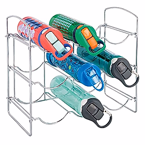 mDesign Metal Wire Free-Standing Water Bottle Rack - Storage Organizer for Kitchen Countertops, Pantry, Fridge - 3 Levels, Holds 9 Bottles - Chrome