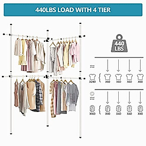 tonchean Floor to Ceiling Clothing Rack Tension Rod Clothes Rack Double 2-Tier Adjustable Clothes Garment Rack Heavy Duty Closet Organizer System