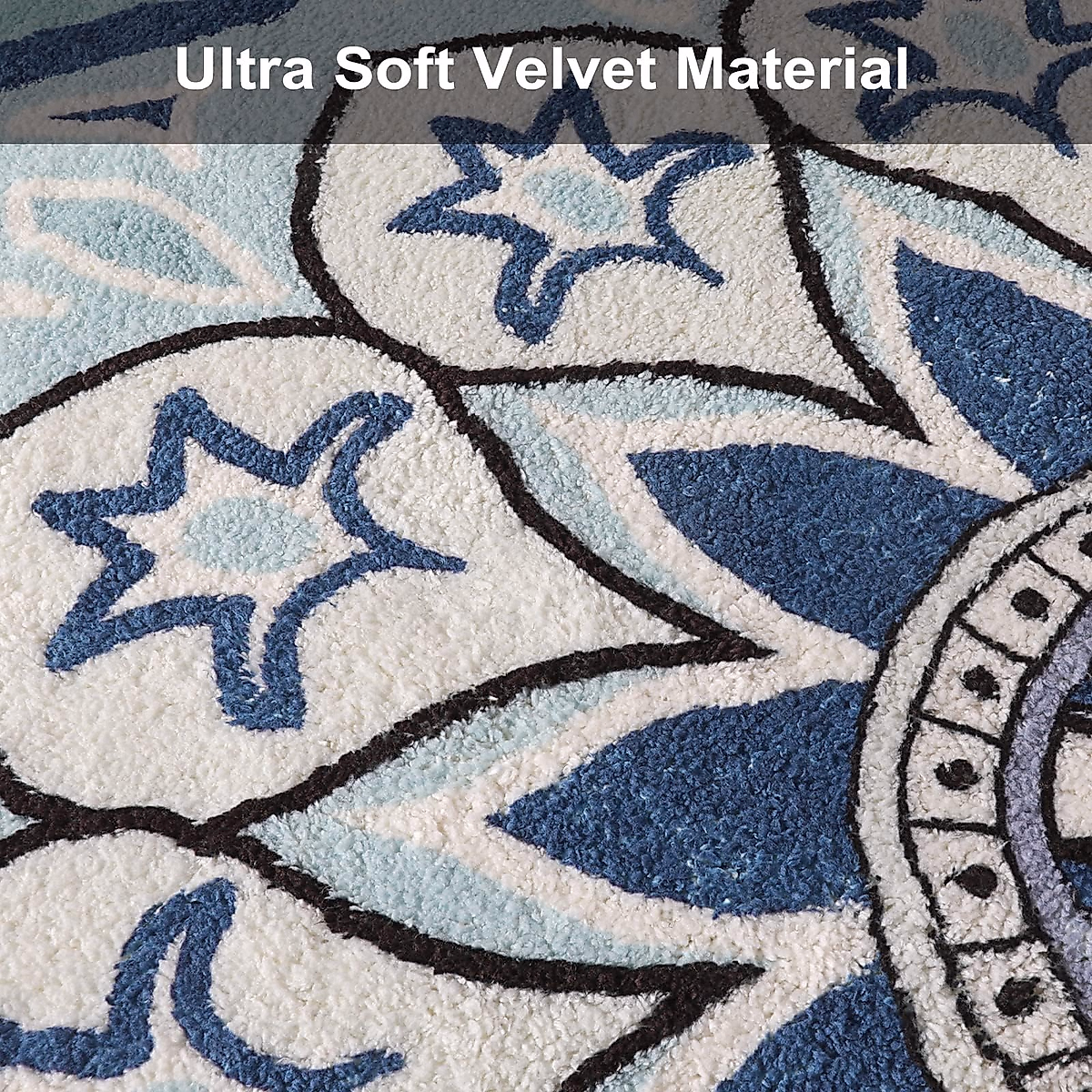 Uphome Small Round Rug 2.3ft Blue Boho Bathroom Rugs with Pom Pom Fringe Non-Slip Washable Mandala Circle Bath Mat Soft Cute Bohemian Throw Rug for Bedroom Sink Dorm Powder Room