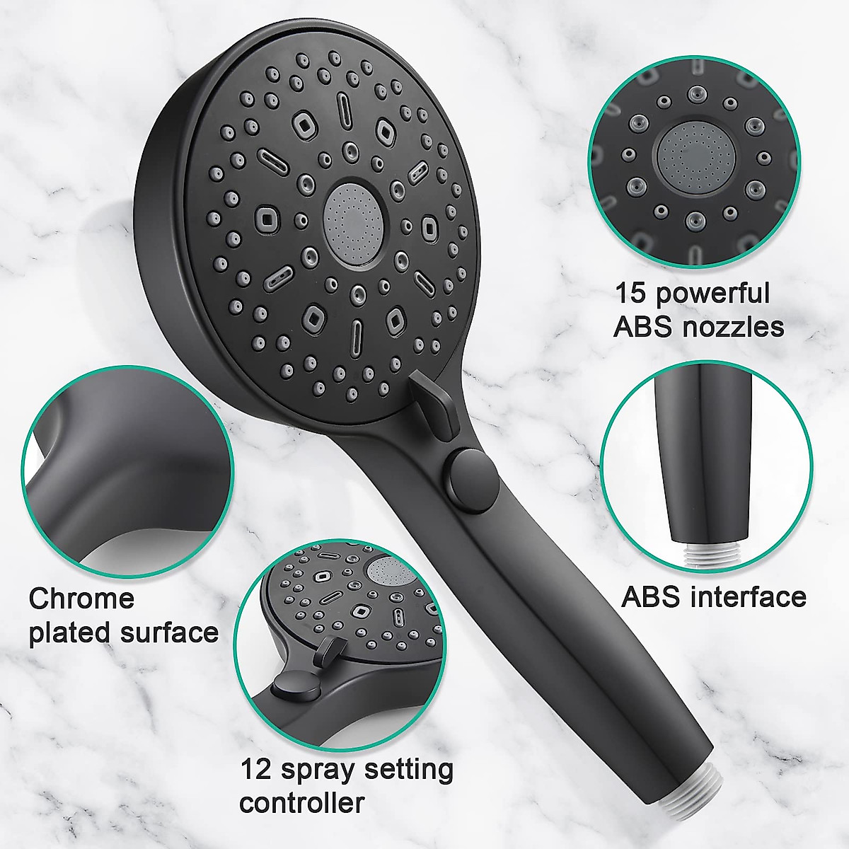 Heemli 12 Functions Shower Head with handheld, Hand held Shower with ON/OFF Pause Switch, High Pressure Shower Head Set with Hose Adjustable Bracket Rubber Washers - Black - U.S. Design Patents