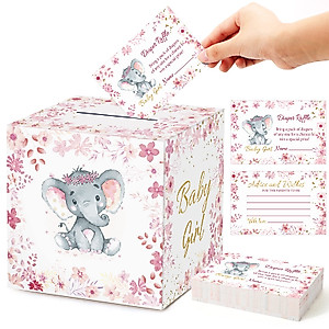 50 Pcs Elephant Diaper Raffle Tickets with Baby Shower Holder Box Baby Party Decorations Diaper Raffle Box Baby Shower Card Girl Elephant Game Insert Card for Baby Party Diaper Raffle Game