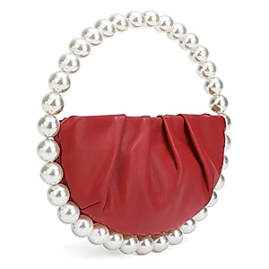 Pearl Soft Face Pleated Handbag Advanced Evening Bag Party Prom Bride Purse Phone Clutch Purse (Red)
