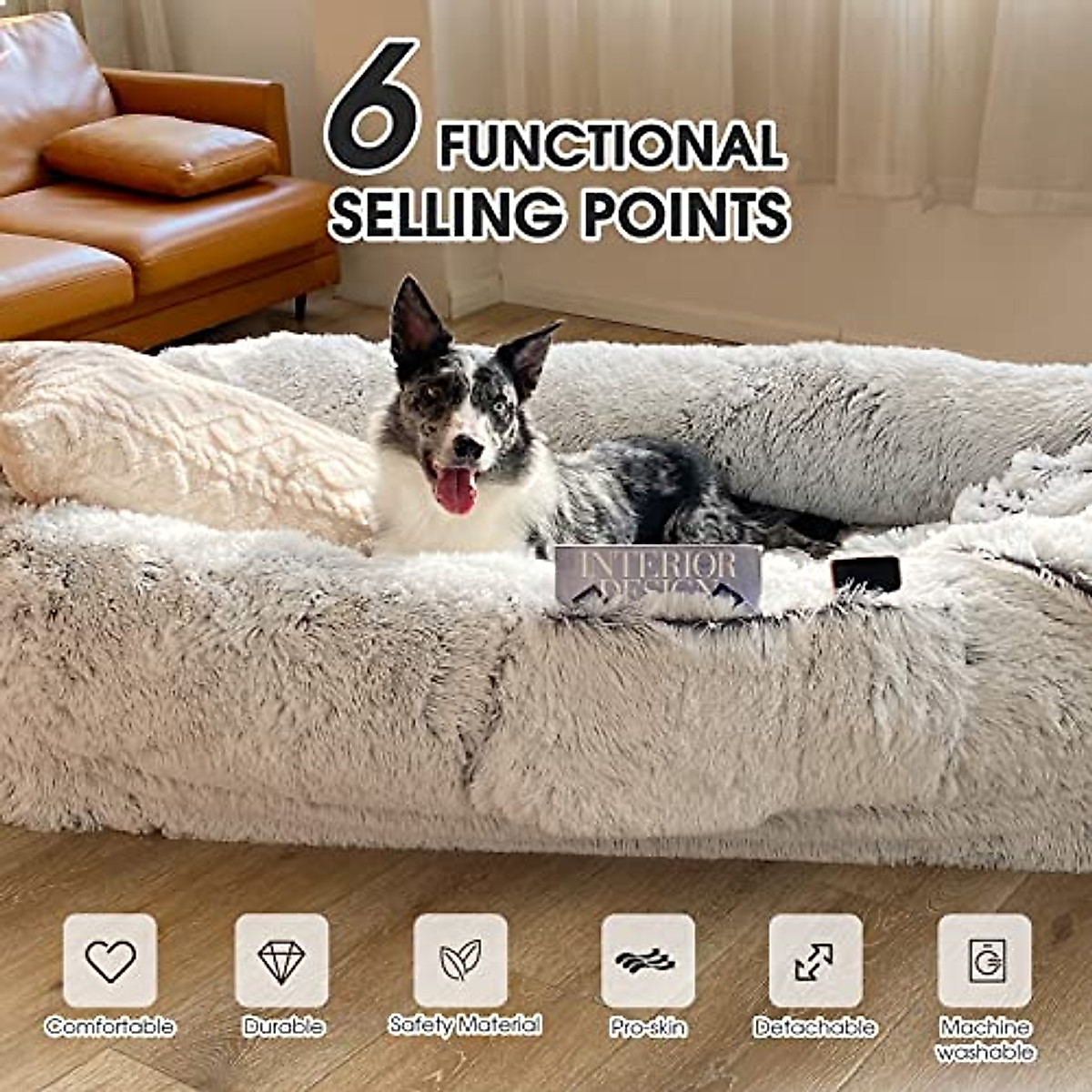 YAEM Human Dog Bed, 71"x45"x12" Dog Beds for Humans Size Fits You and Pets, Washable Faux Fur Human Dog Bed for People Doze Off, Napping Orthopedic Dog Bed, Present Plump Pillow, Blanket, Strap-Grey