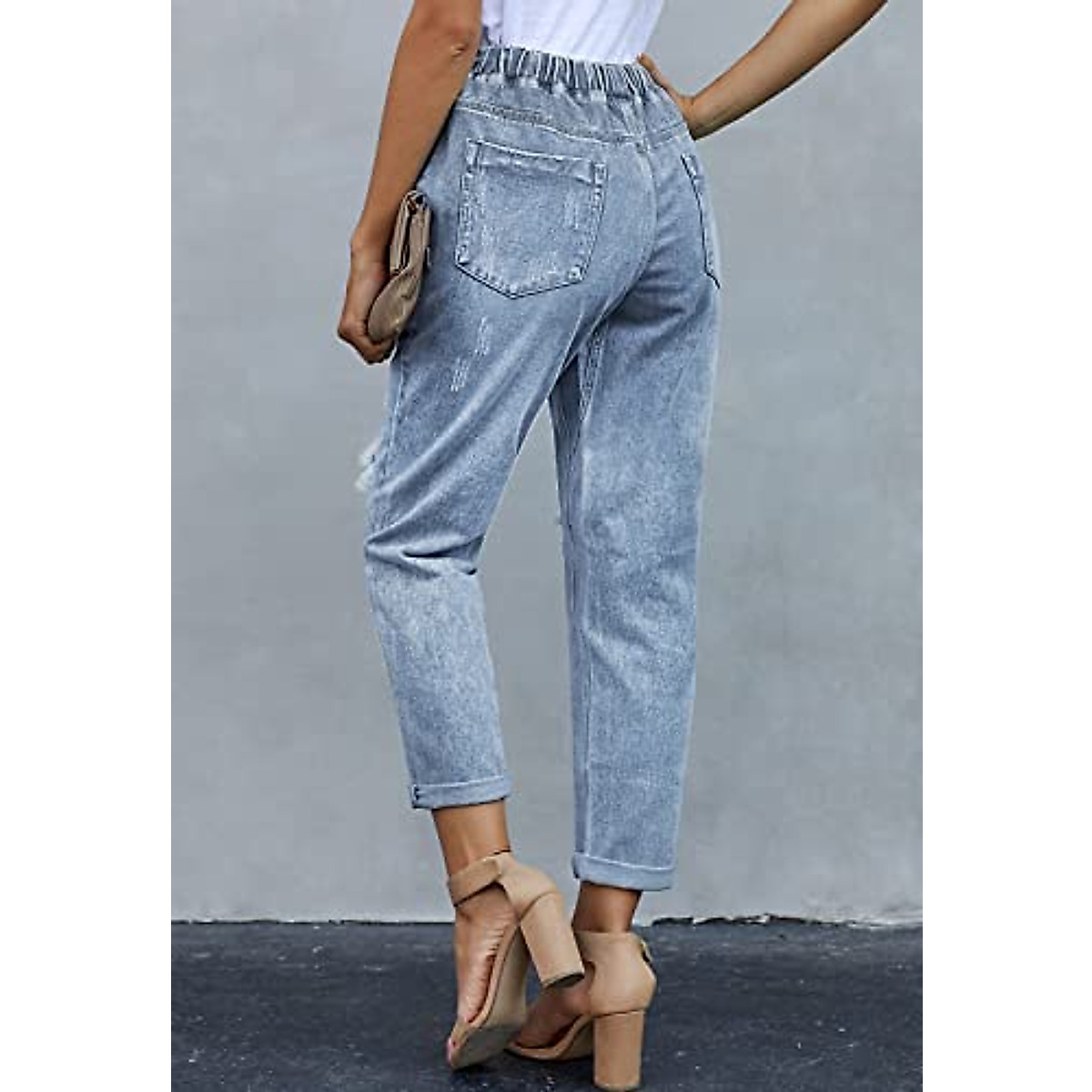 Metietila Women’s Casual Pull-on Distressed Stretch Jeans Elastic Waist Jean Light Indigo Denim Joggers Pants for Women XX-Large