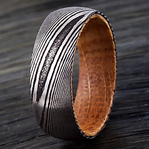 Gorgeous 8mm Damascus Steel Dome Band Ring with Wood Grain Finish and Whiskey Barrel Oak Wood Inner Band. (Stainless-Steel, 10.5)