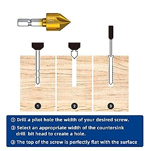 DEVENTORZ Countersink Drill Bit, Countersink Drill Bit Set with 82 Degree Center Countersink Bits for Wood Quick Change Bit 6mm - 19mm 6 Pcs