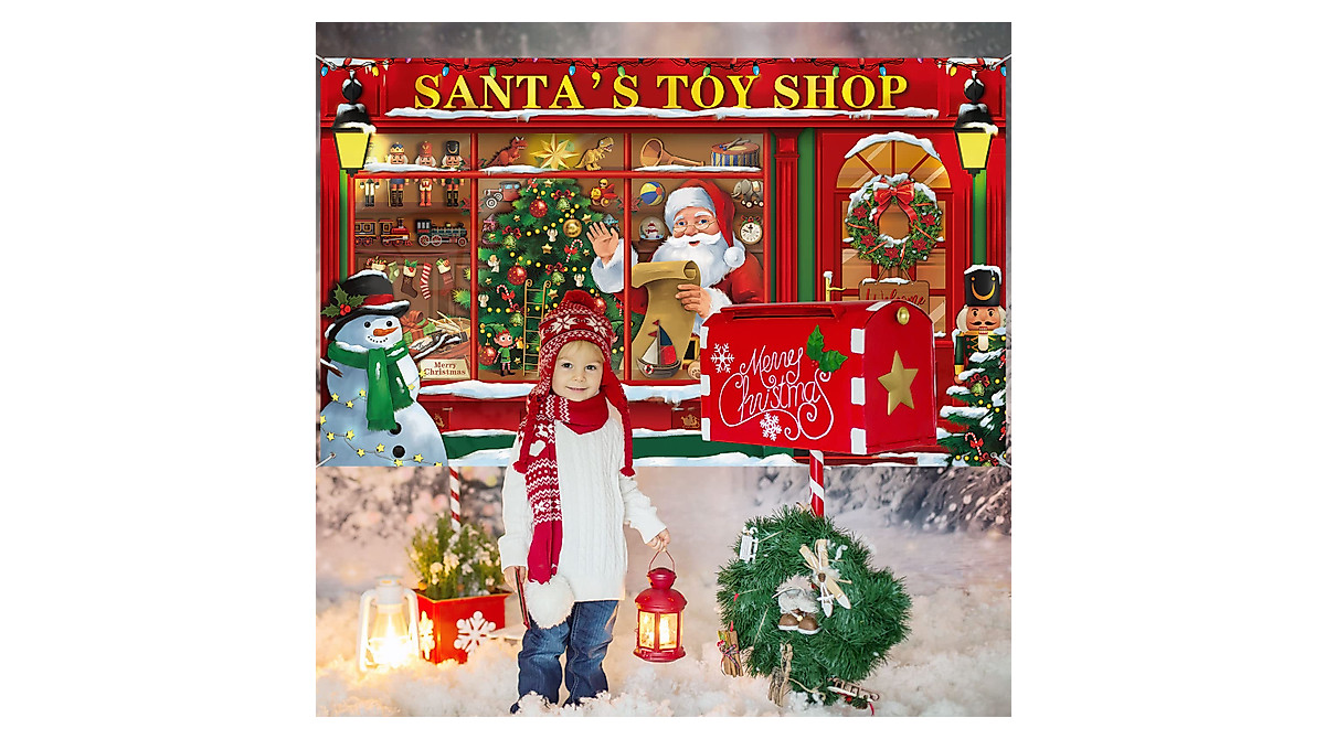 Christmas Backdrop Banner Santa's Toy Shop Holiday Photo Background