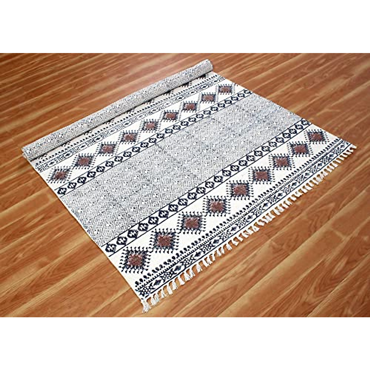 Casavani Indian Handmade Cotton Dhurrie Geometric Brown & Gray Area Rug Boho Kilim Flat Weave Rug Indoor Hall Room Decor Carpet Throw Rugs for Bedroom Living Room Bathroom Balcony 5x8 Feet