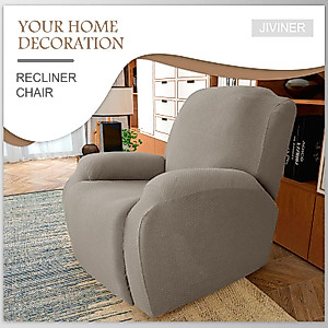 JIVINER 4-Piece Recliner Chair Covers Stretch Jacquard Covers for Recliner Chair Recliner Slipcovers for Living Room Soft Recliner Protector with Pocket (Recliner, Khaki)