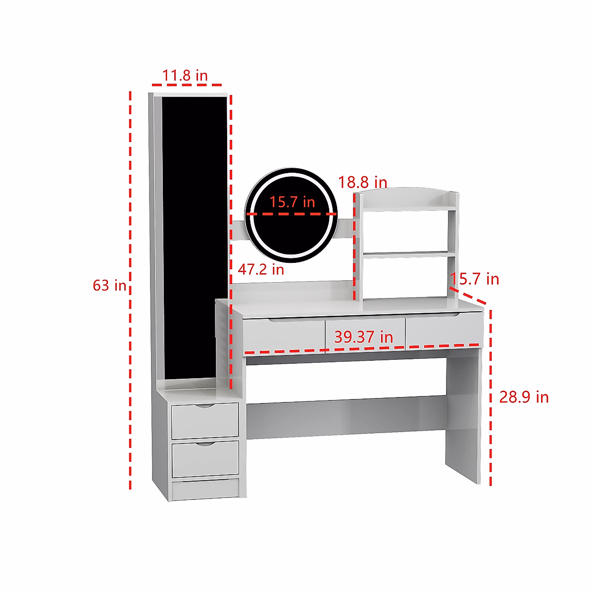 63" Makeup Vanity Desk with 3-Color Adjustable Touch Light,Wooden Mass Storage Vanity Mirror with 5 Drawers for Women Girls White